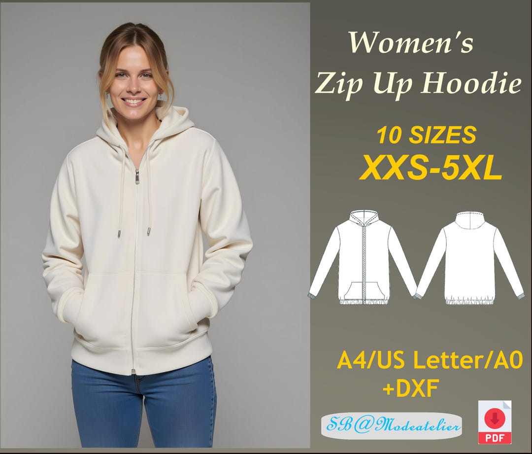 Women's Zip up Oversize Hoodie Sewing Pattern: XXS-5XL (digital ...