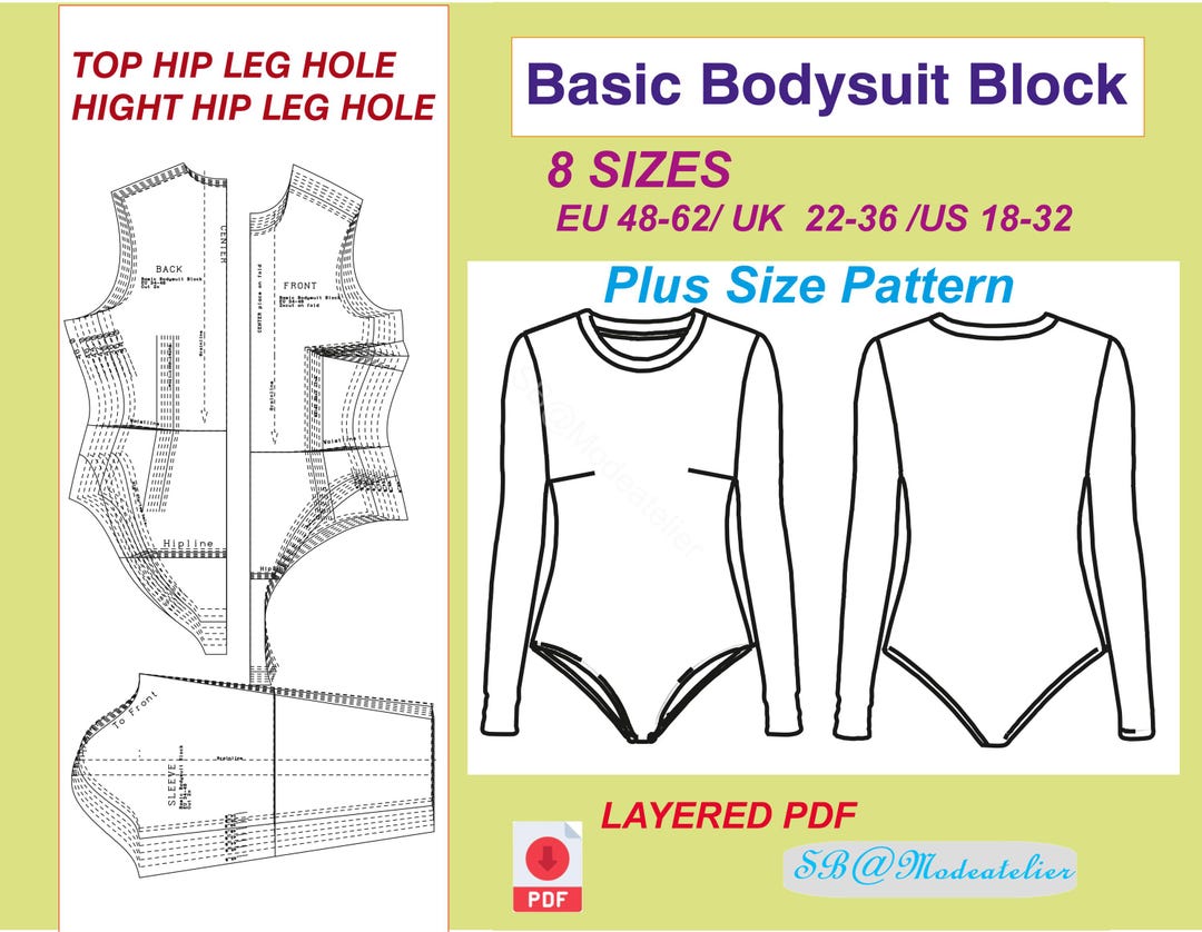 Plus Size Bodysuit Block Sewing Pattern: EU48-62 / UK 22-36 / US18-32 ...