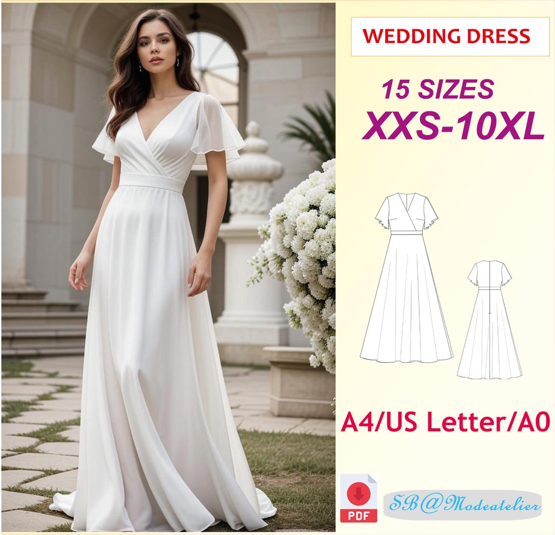 Flared Wedding Dress Sewing Pattern: Plus Size Bridal Gown (XXS-10XL ...