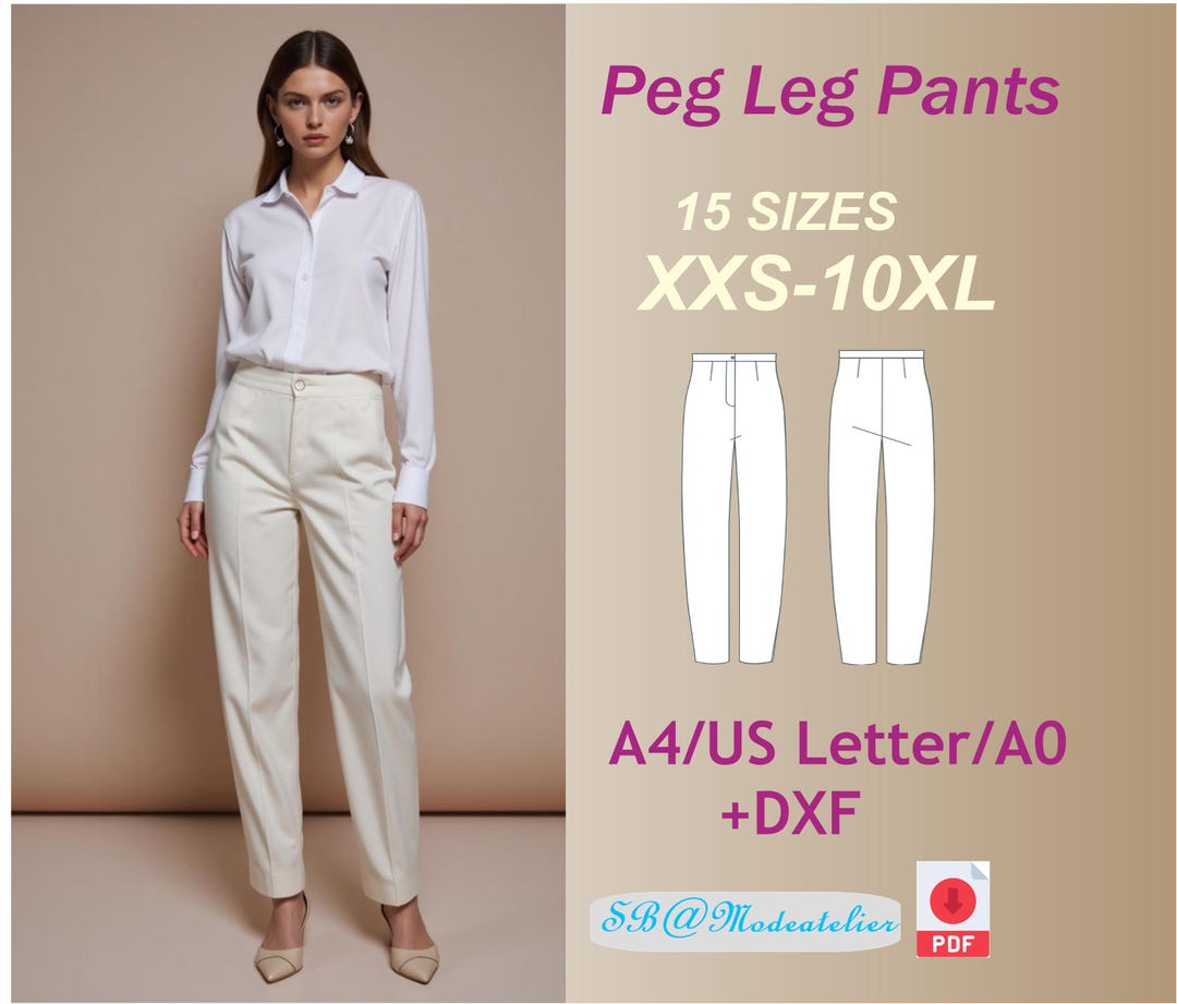 Peg Leg Chino Pants Sewing Pattern: High Waist, XXS-10XL (PDF Pattern ...