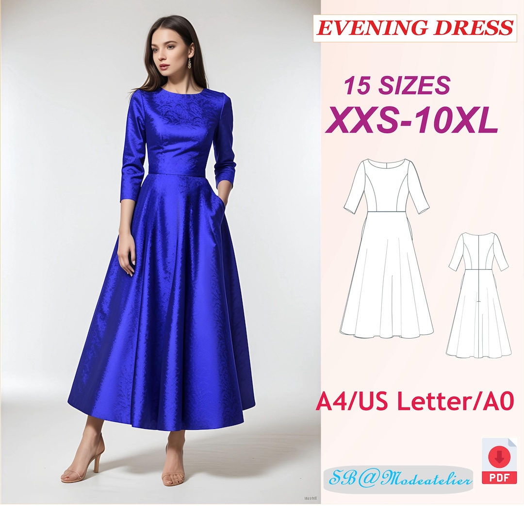 Vintage Style Evening Dress Sewing Pattern: Midi Satin Gown (XXS-10XL ...