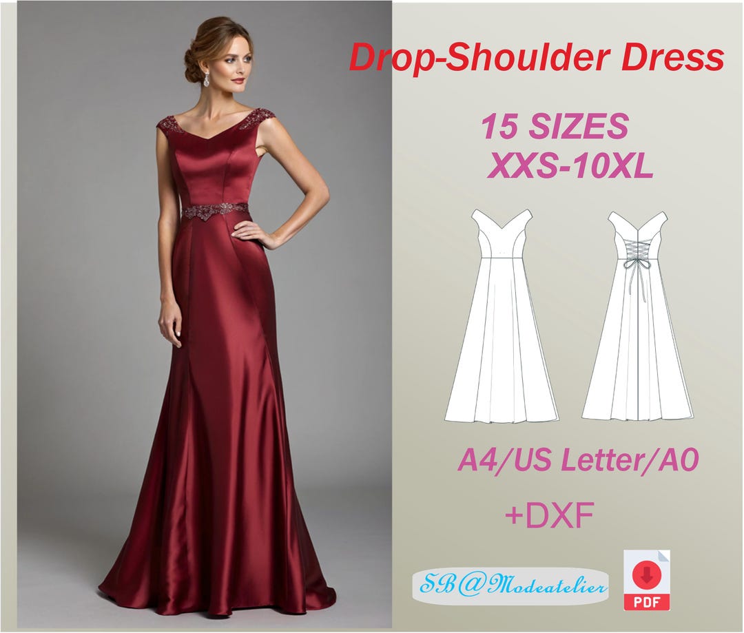 Evening Dress Pattern/ Drop Shoulder Dress Sewing Pattern /bridal Gown ...