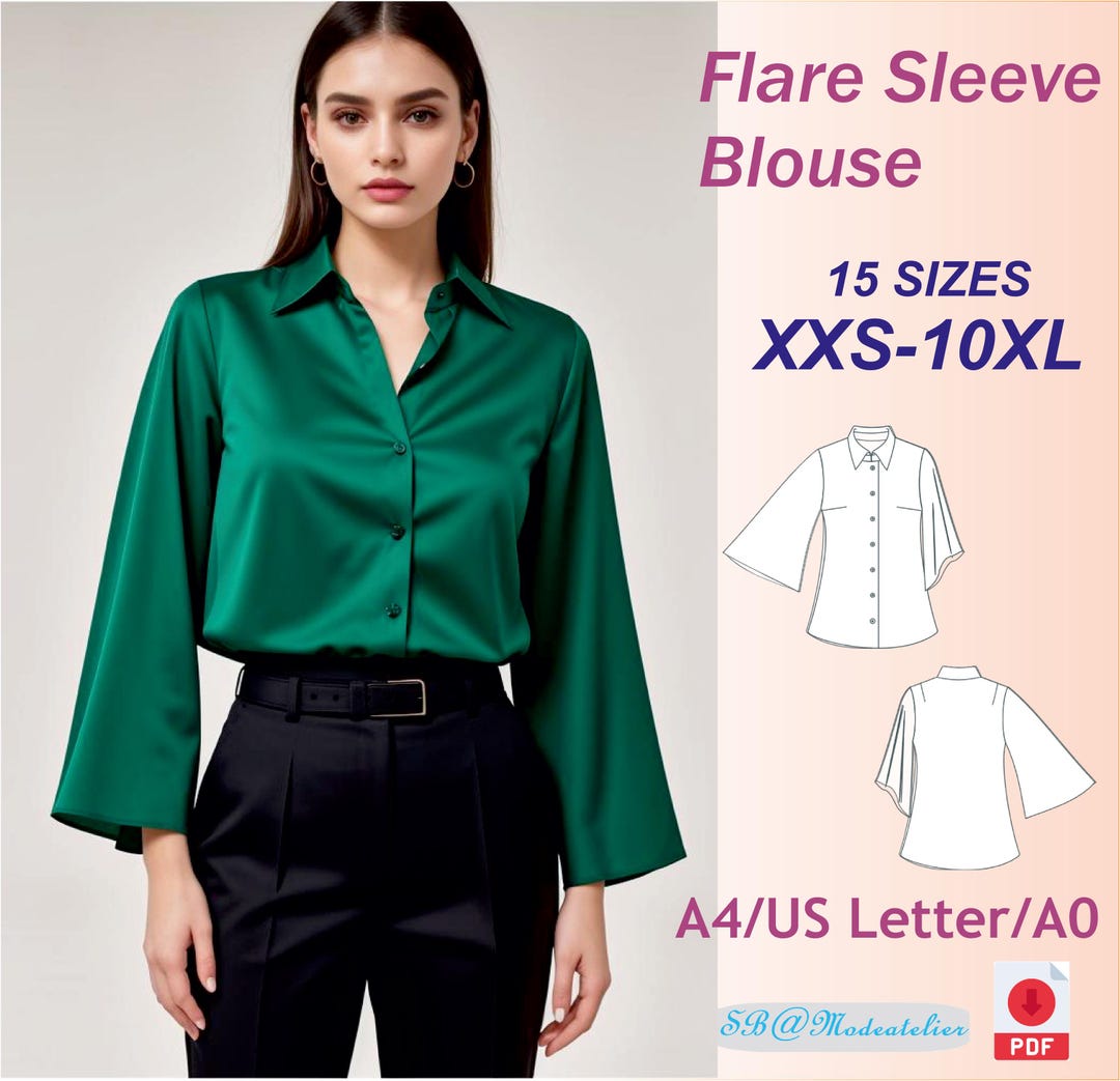 Flare Sleeve Blouse Sewing Pattern: Relaxed Fit (XXS-10XL) (PDF Pattern ...