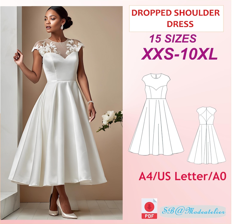 Dropped Shoulder Midi Dress Sewing Pattern: Bridal, Prom, Evening (XXS ...