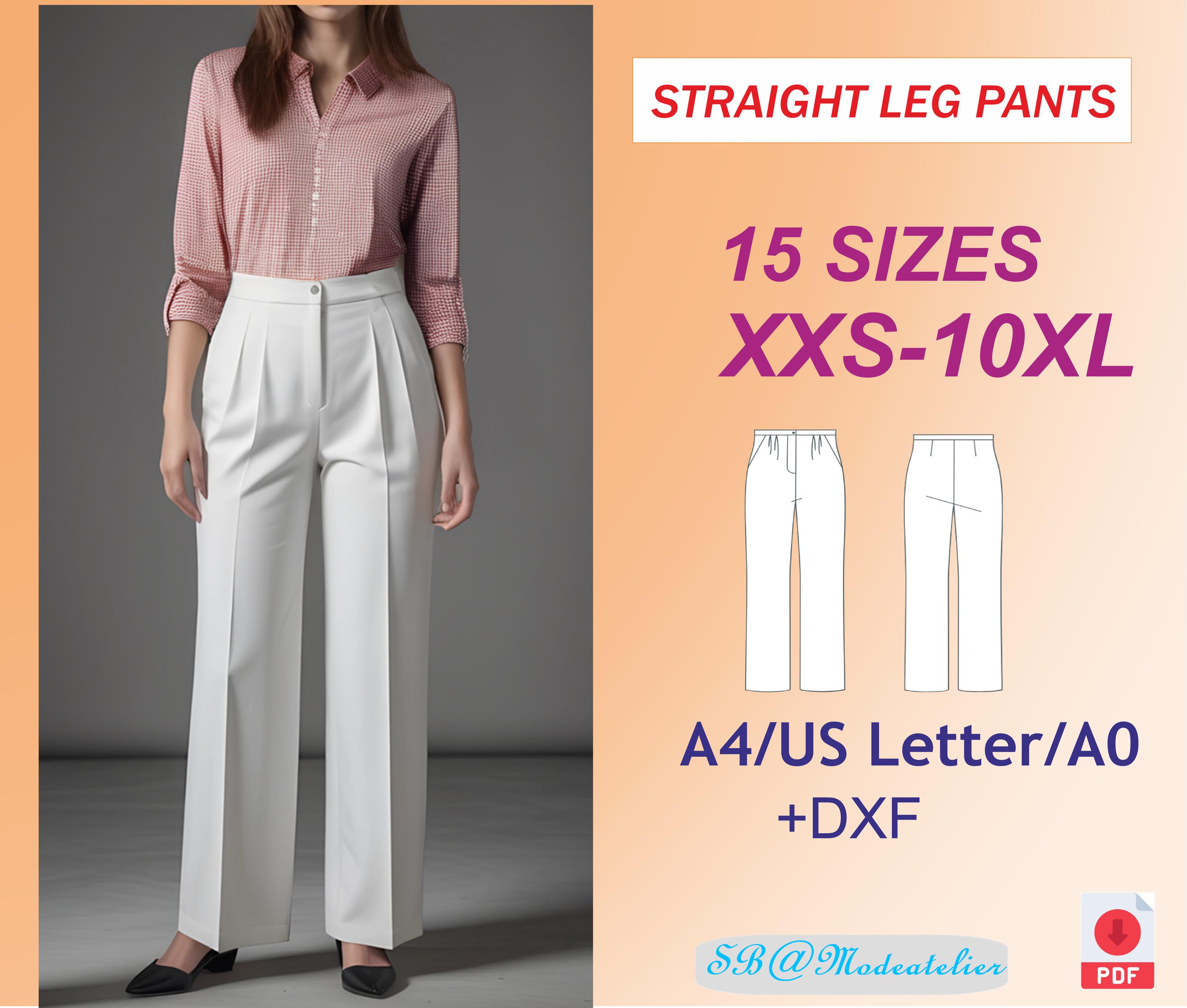 Straight Leg Pants Sewing Pattern: High-waisted Trousers (XXS-10XL ...