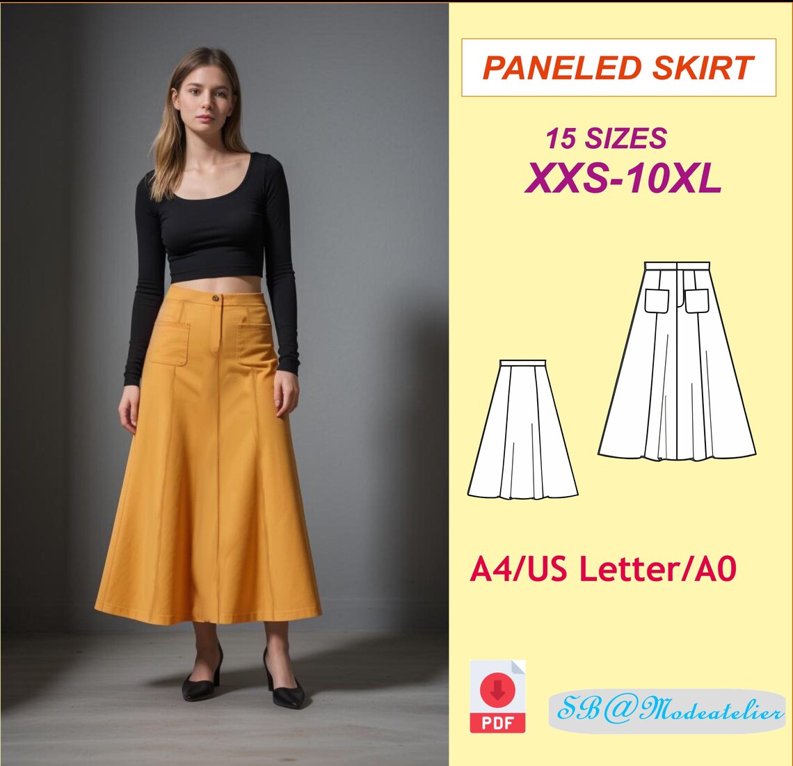 Midi Paneled Skirt Sewing Pattern/ Easy Skirt Pattern/flared Paneled ...
