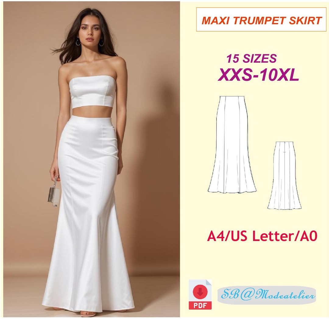 Gored Maxi Trumpet Skirt Sewing Pattern: Plus Size Bridal Skirt (PDF ...