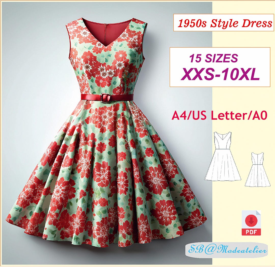 1950s Style Flared Dress Pattern: Plus Size Cottagecore (PDF Pattern ...
