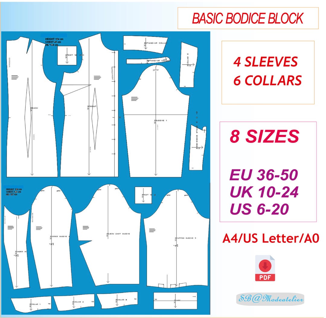 Basic Bodice Block Sewing Pattern: 4 Sleeves, 6 Collars (PDF Pattern ...