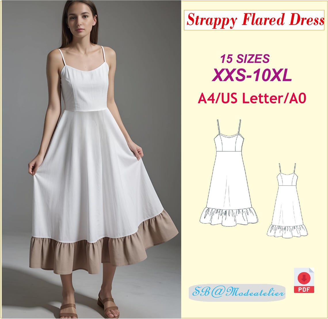 Flared Strappy Dress Sewing Pattern: Midi Sundress, Plus Size (PDF ...