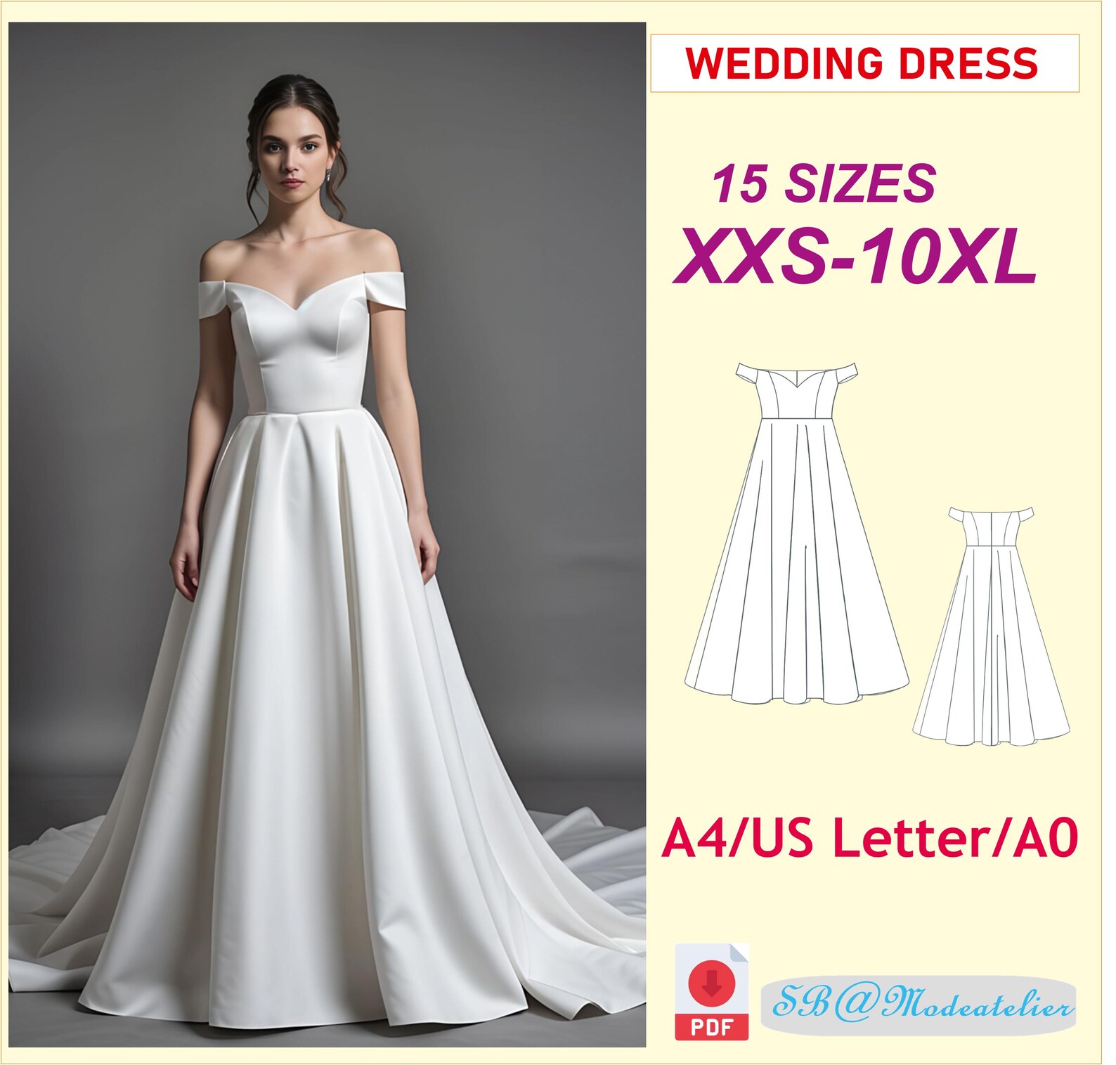 Off Shoulder Wedding Dress Pattern/bridal Gown Pattern /evening Dress ...