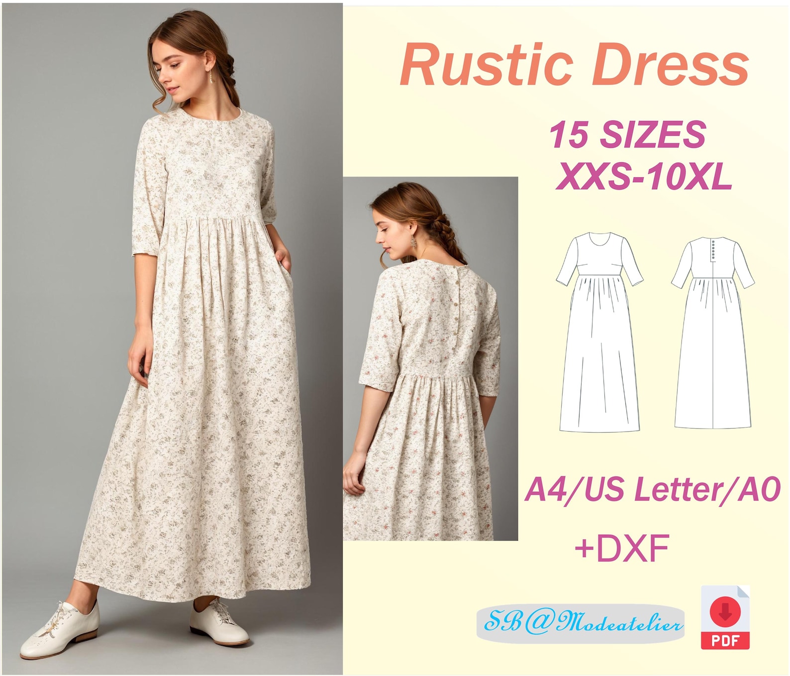 High Waist Cottagecore Dress Pattern/rustic Dress Pattern/linen Dress ...