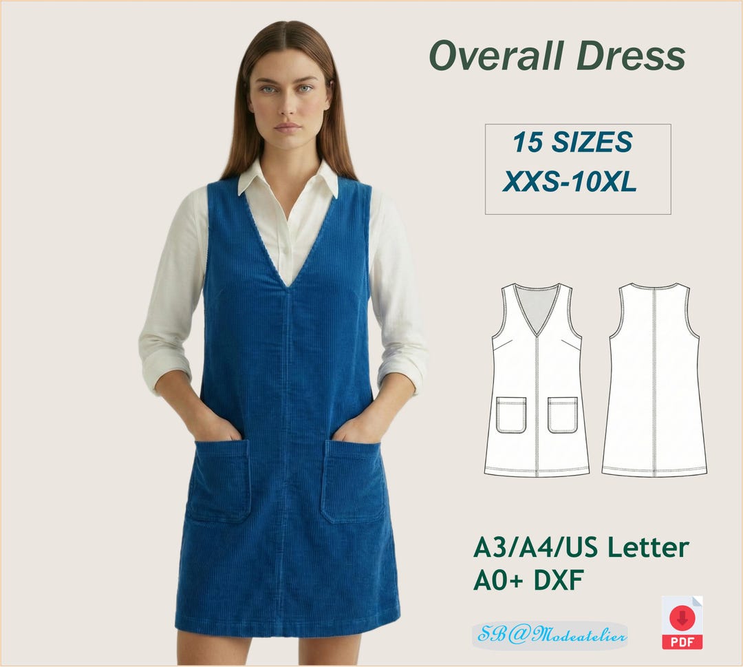 Easy Pinafore Dress Pattern, V-neck Overall Dress Sewing Pattern, Women ...
