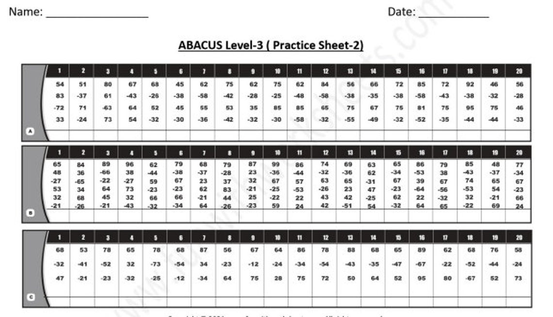 Abacus Practice Worksheets Printable Practice Worksheets for Abacus ...