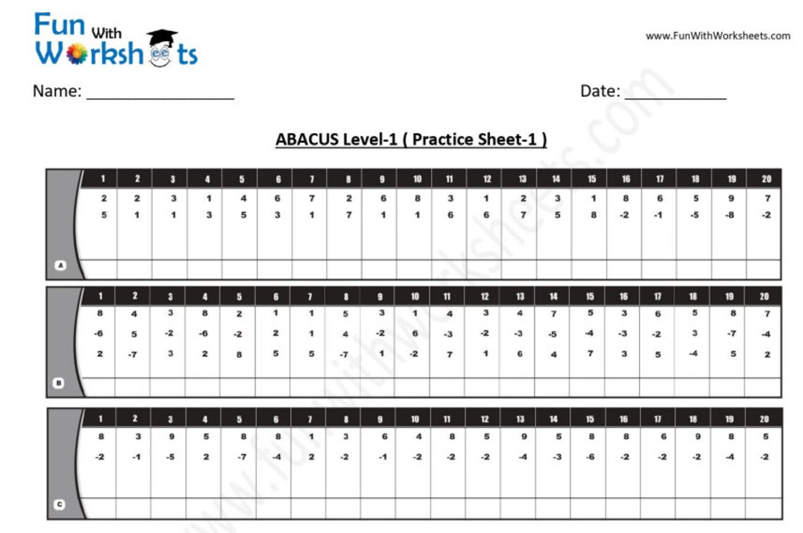 Abacus Practice Worksheets Printable Practice Worksheets for Abacus ...