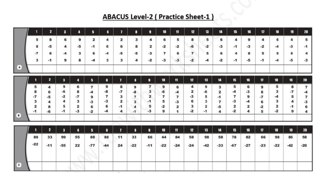 Abacus Practice Worksheets Printable Practice Worksheets for Abacus ...