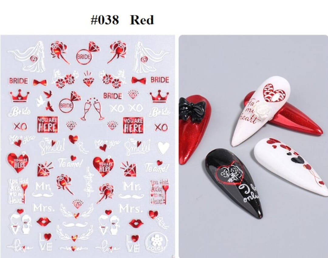Valentine's Day Red Heart Nail Stickers: 3D Holographic Floral Decals ...