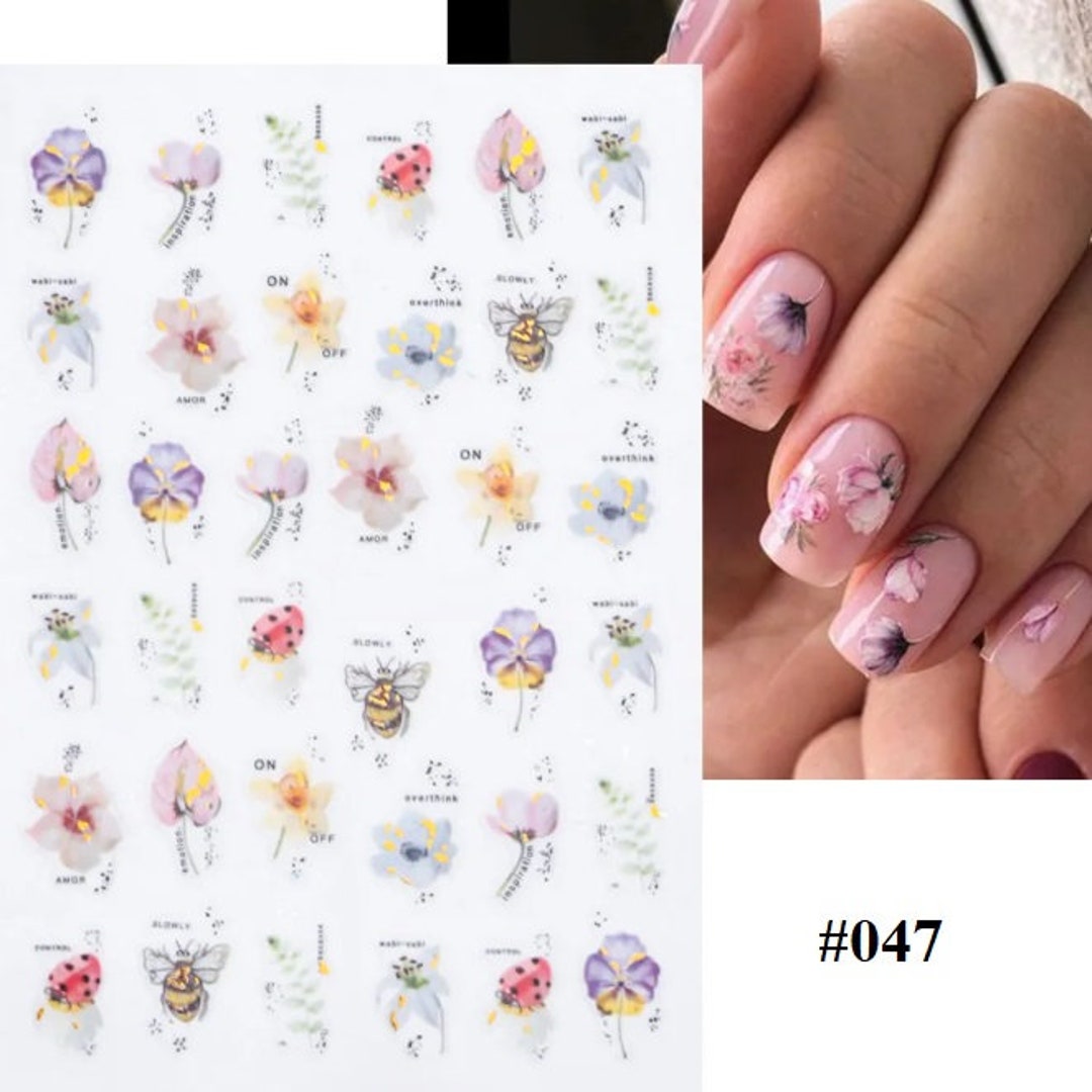 Spring Flower Floral Pattern Abstract Lines Nail Sticker Self-adhesive ...