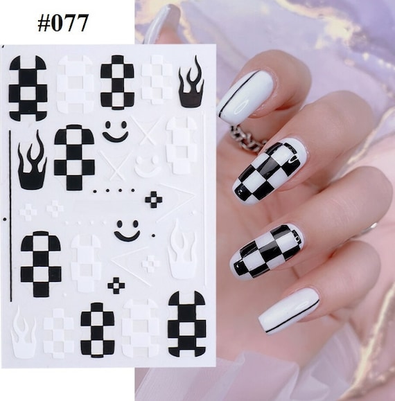 Black White Checkerboard Flame French Tips Design Nail Art Decal Sticker Self adhesive 3D Nail Art Stickers 077 Etsy Ireland