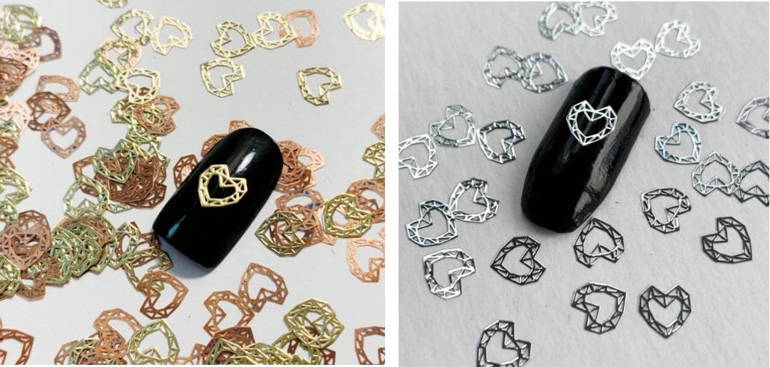 Gold/silver Heart Nail Decals: 3D Metallic Nail Art Charms - Etsy