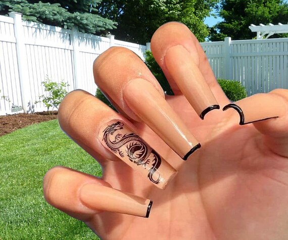 Nude Dragon Glossy Press On Nails Long Coffin Glue On Etsy