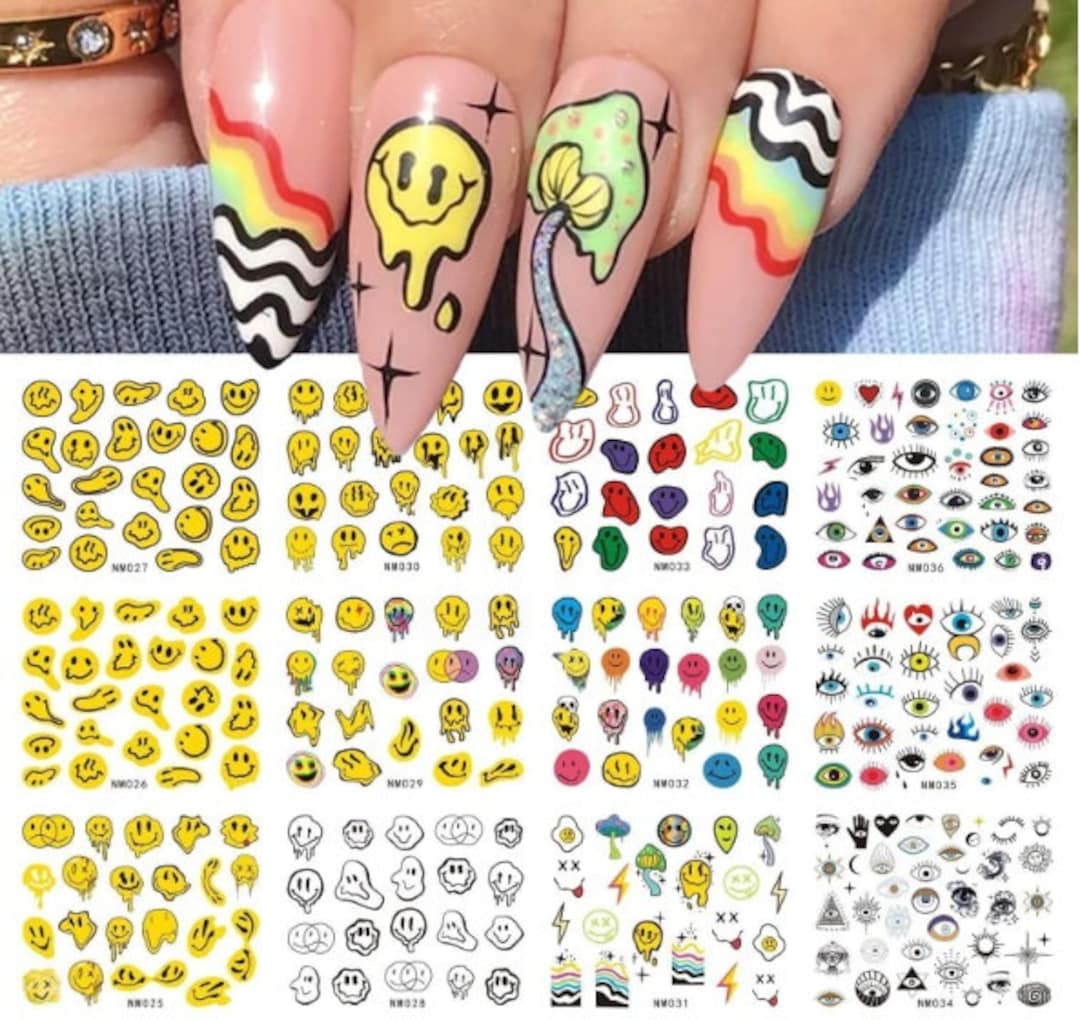 Cartoon Smiley Face Nail Art Stickers Water Transfer Evil Eyes Nail ...
