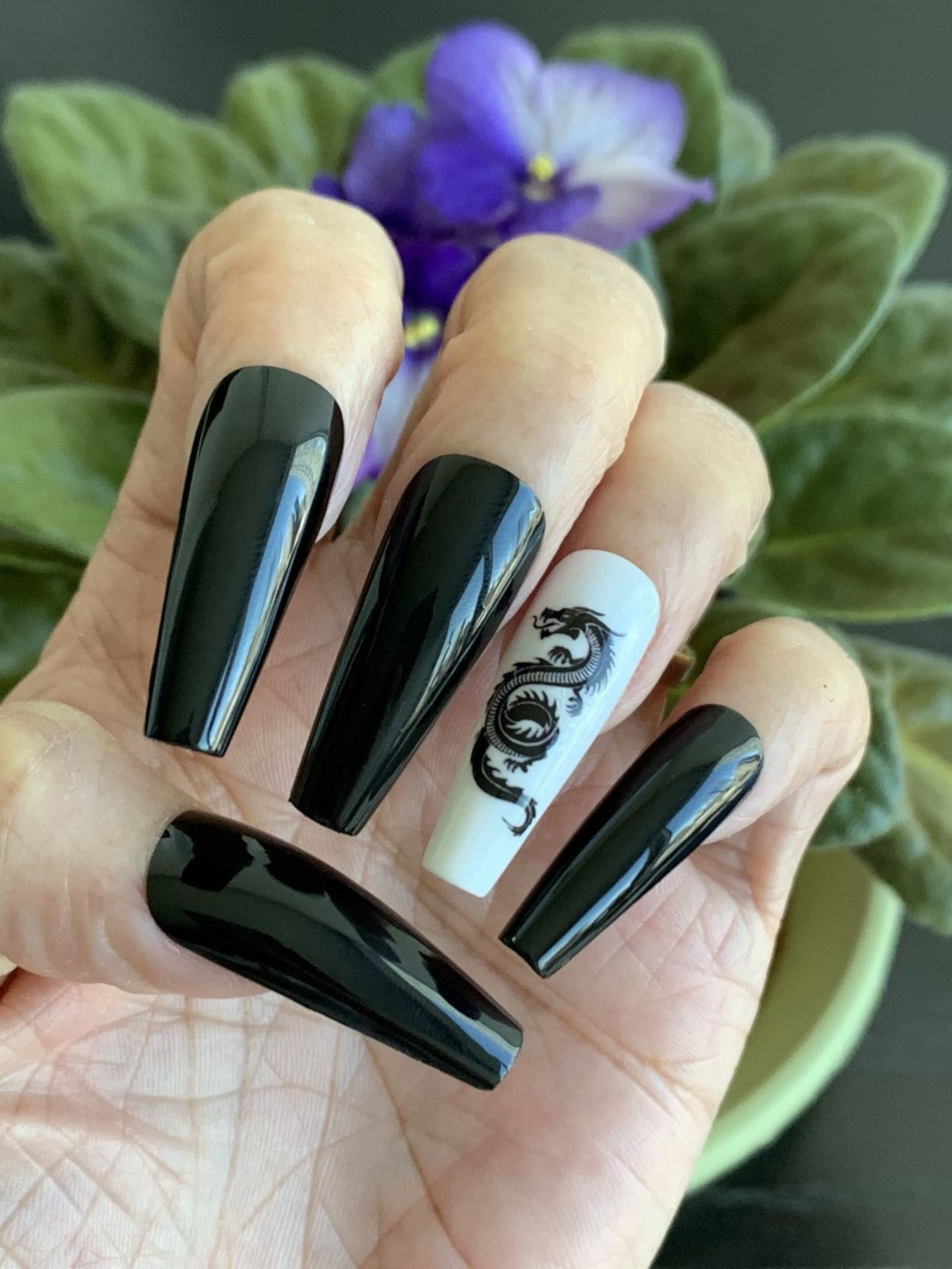 Black Dragon Glossy Press On Nails Long Coffin Glue On Etsy