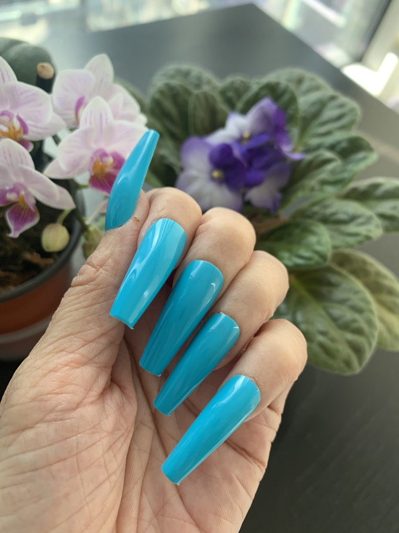 Oh Snap Blue Glossy Press on Nails Glue on Nails Long - Etsy