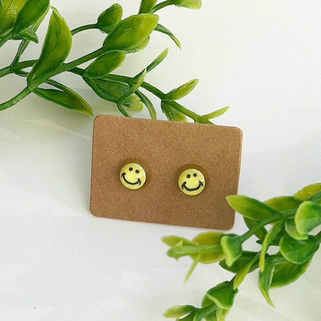 Yellow Smiley Face Earrings, Stud Earrings, Plastic Post Earrings ...