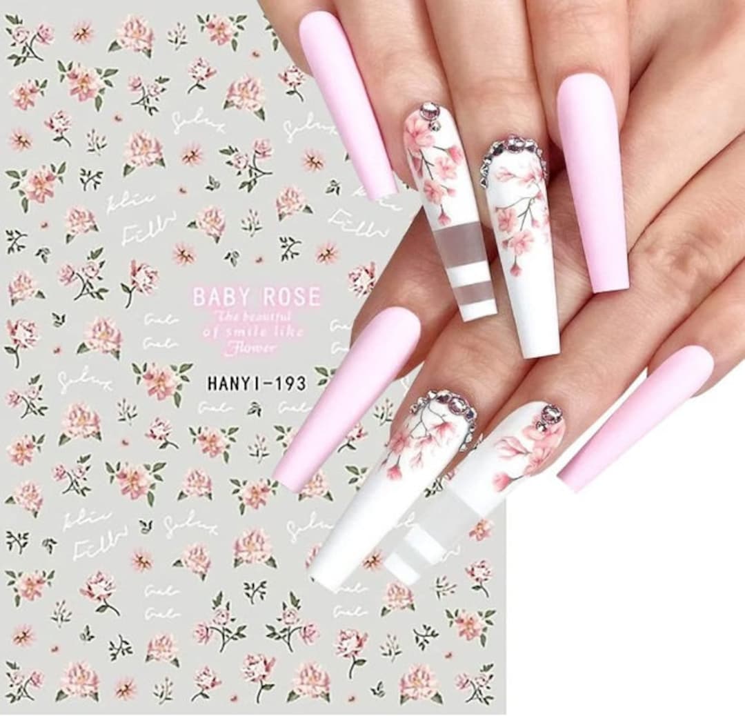 Pink Rose 3D Nail Art Decals Self-adhesive Stickers Flower Blossom DIY ...