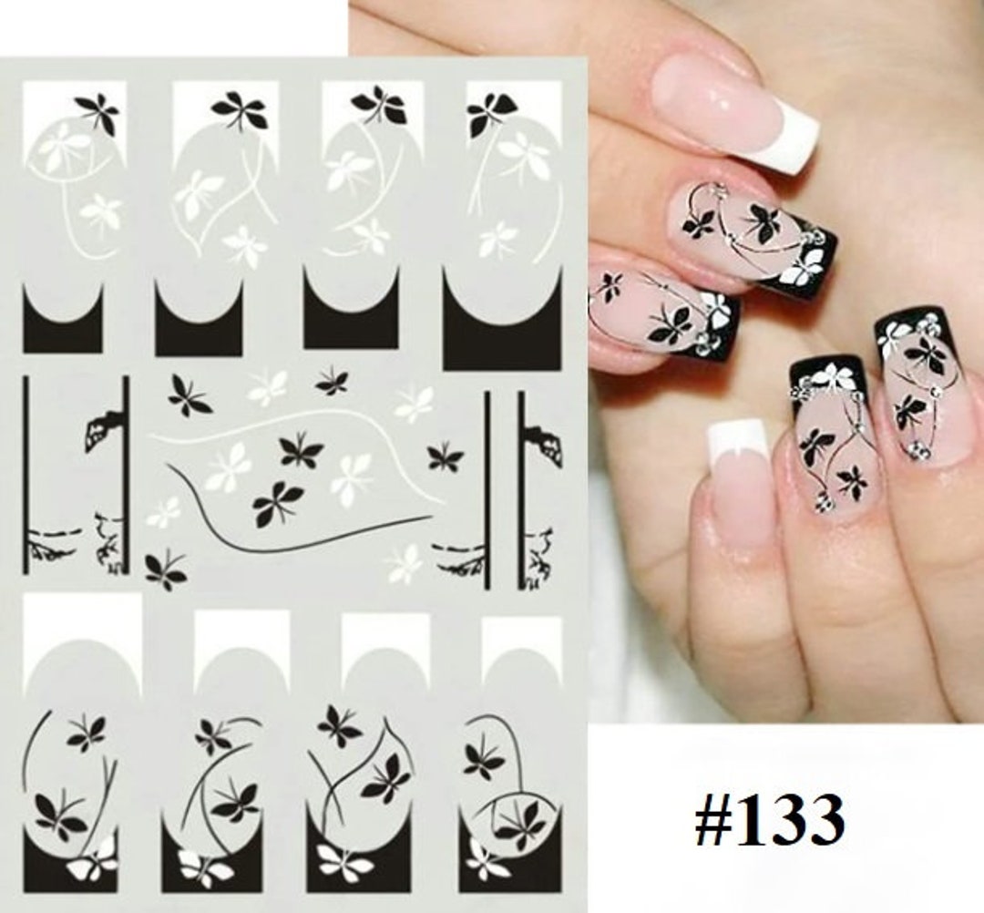 Black White Butterfly French Tips 3D Nail Sticker Self-adhesive Sticker ...