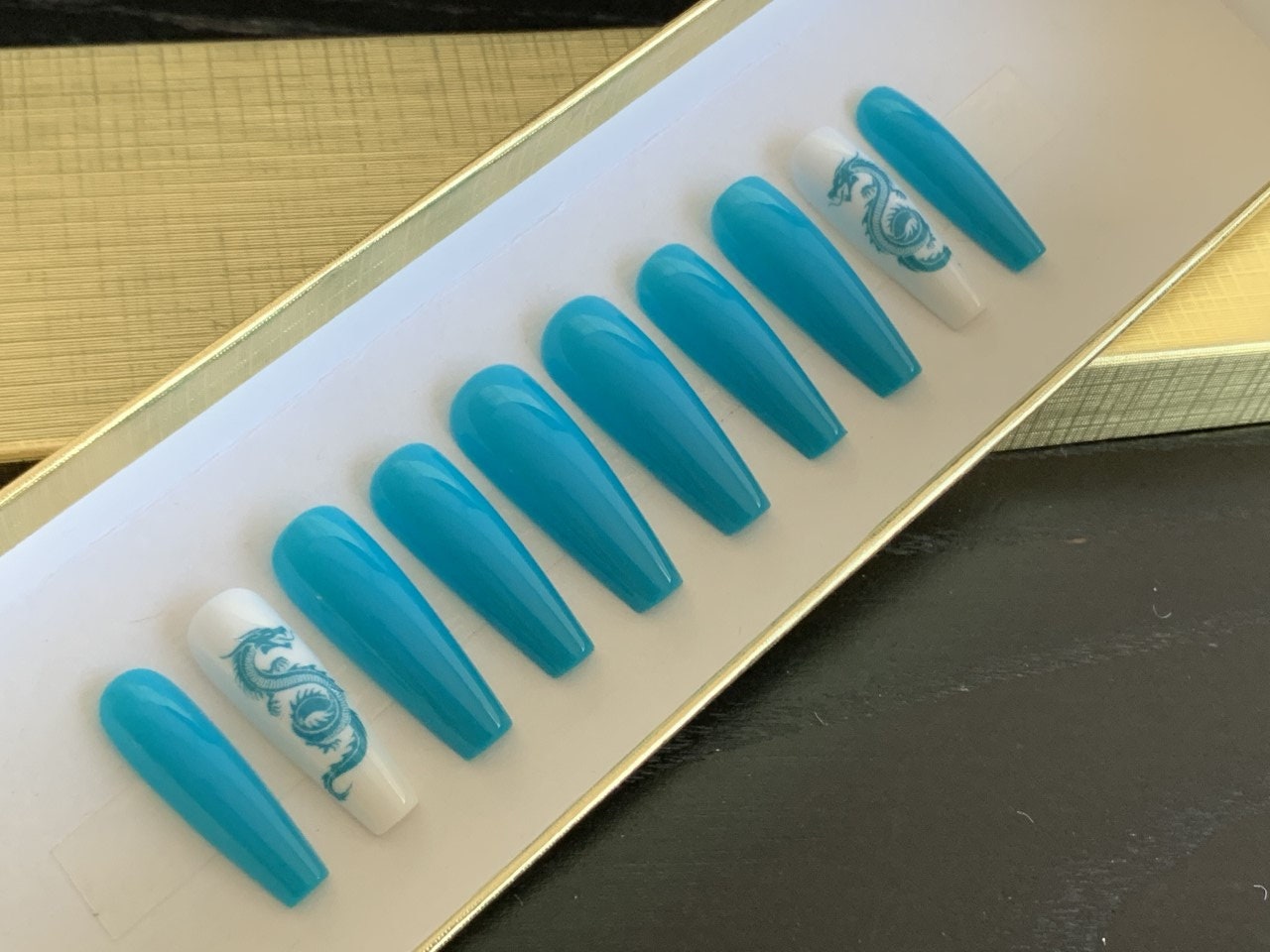 Blue Dragon Glossy Press On Nails Long Coffin Glue On Etsy
