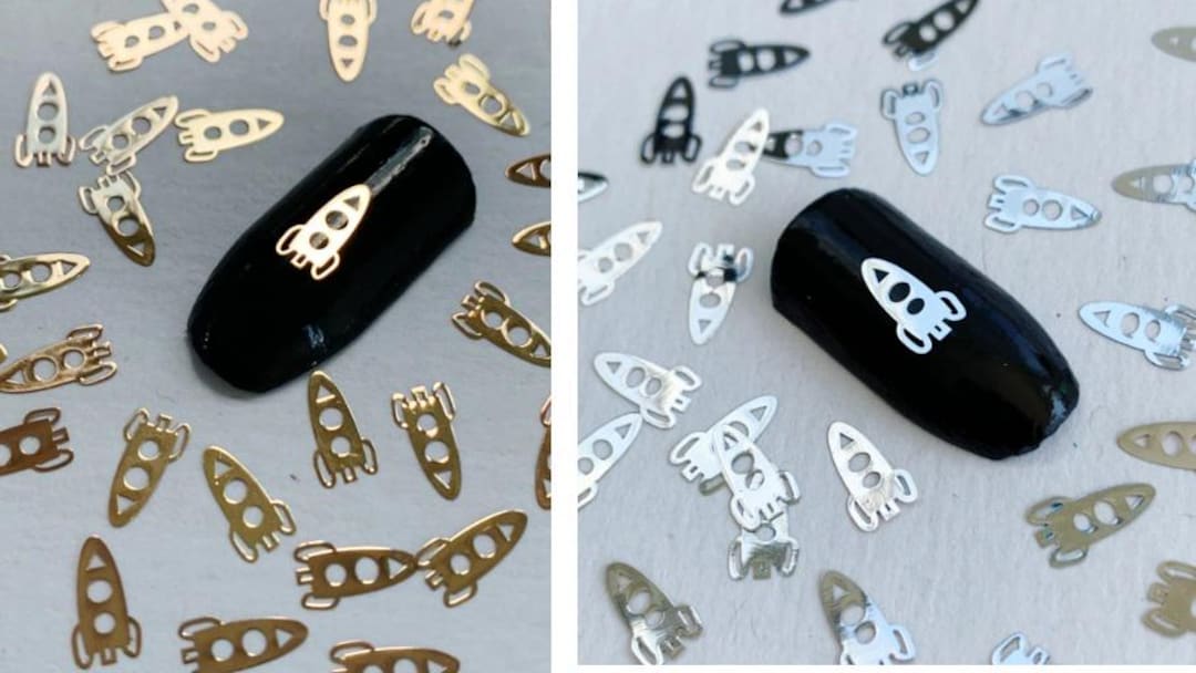 Gold/silver Rocket Ship Nail Decals: Retro Metal Manicure (10/20/50 Pcs ...