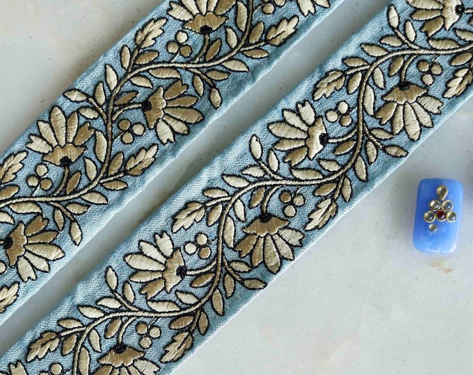 Blue Red Floral Embroidered Trim,indian Fabric Embroidered Border,blue ...