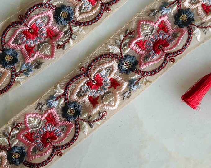 Orange Red Floral Embroidered Trim,red Beige Floral Net Border,floral ...