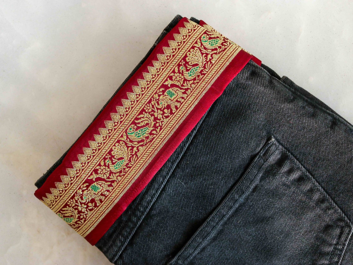 Maroon Peacock Elephant Banarasi Trim, Deep Red Brocade Lace, Indian ...