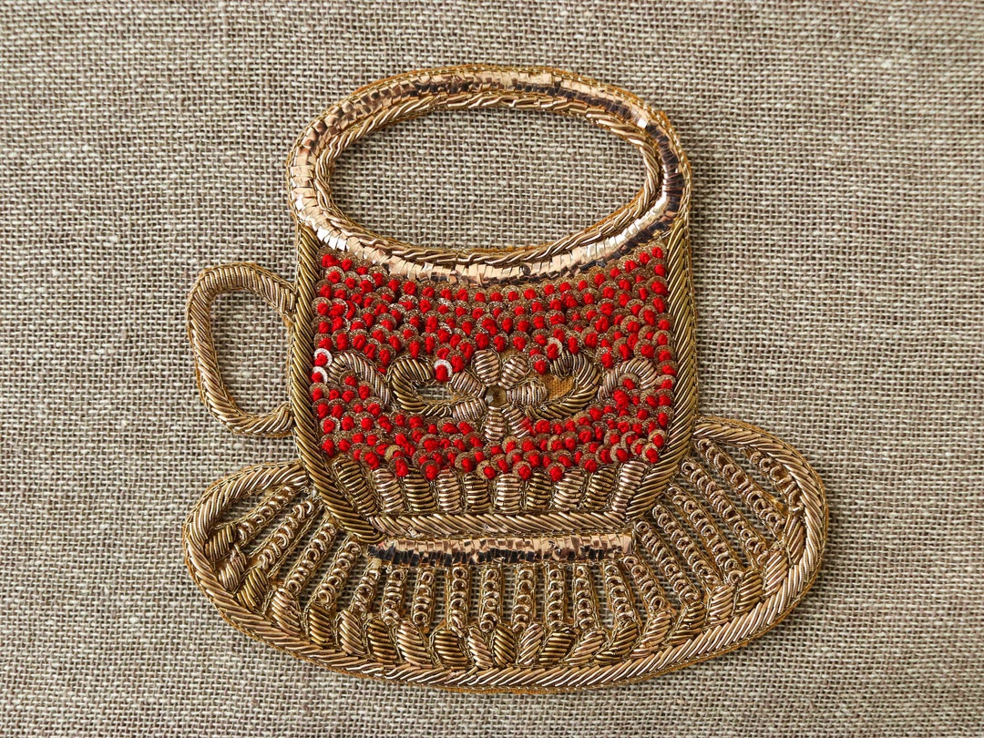 Quirky Teacup Handmade Embroidered Patch, Gold Red Cutwork Cup Saucer ...