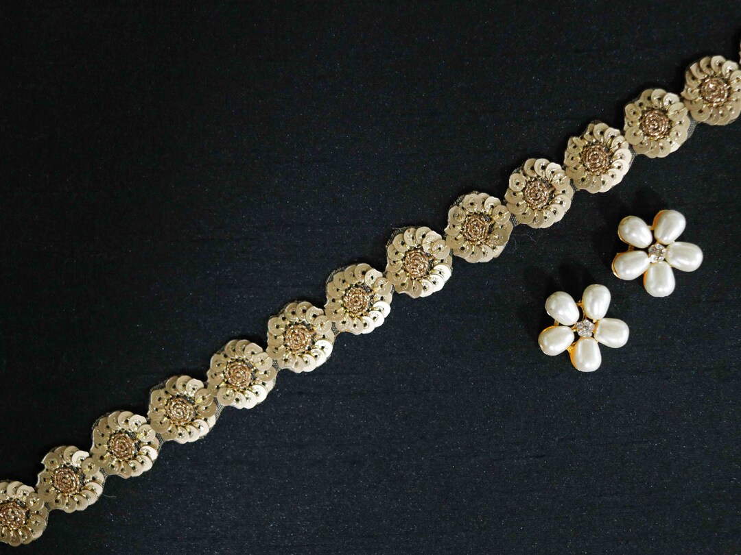 Gold Sequin Floral Embroidered Trim,narrow Cutwork Floral Sequin Border ...