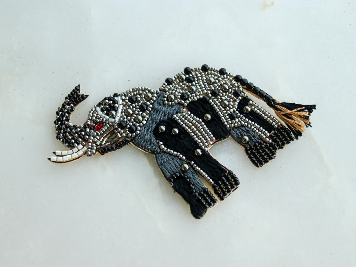 Silver Black Elephant Beaded Patchhandmade Embroidered - Etsy