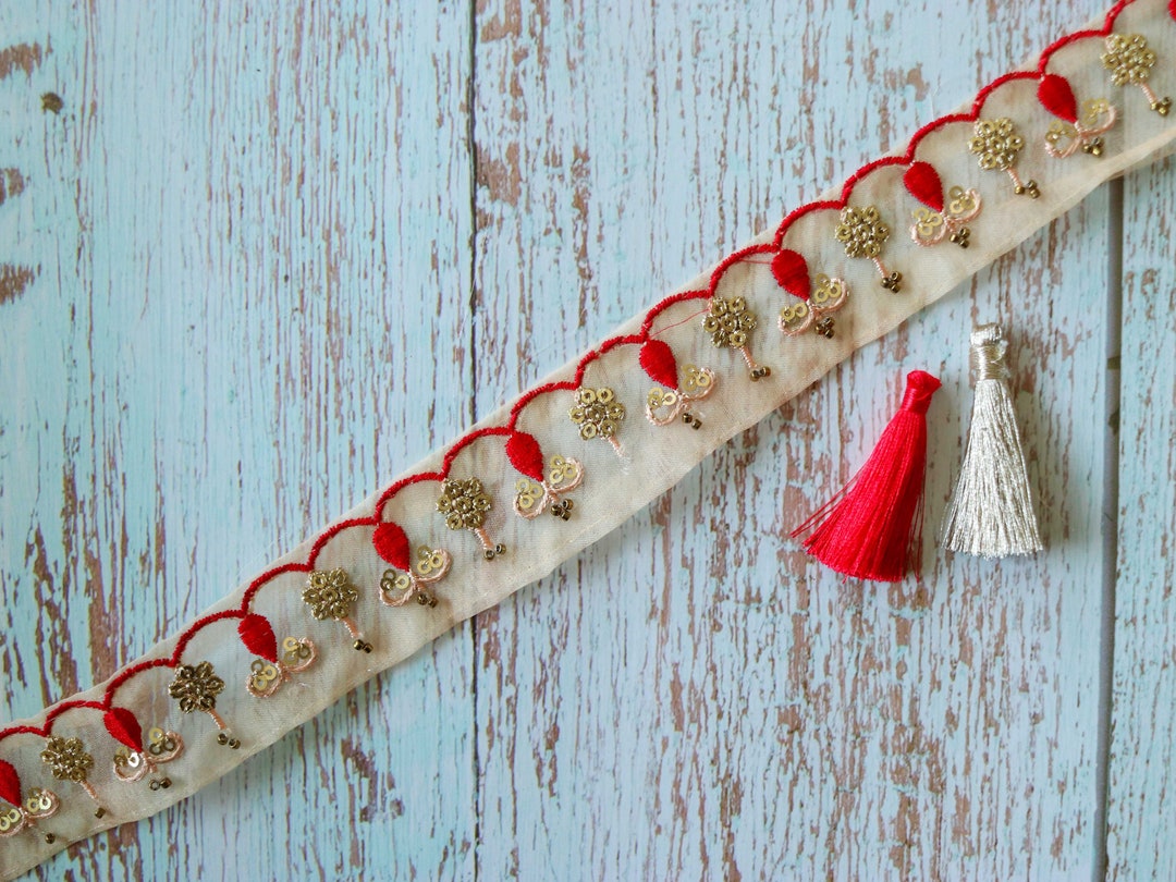 Beige Red Floral Embroidered Trim, Tissue Organza Lace, Indian Fabric ...
