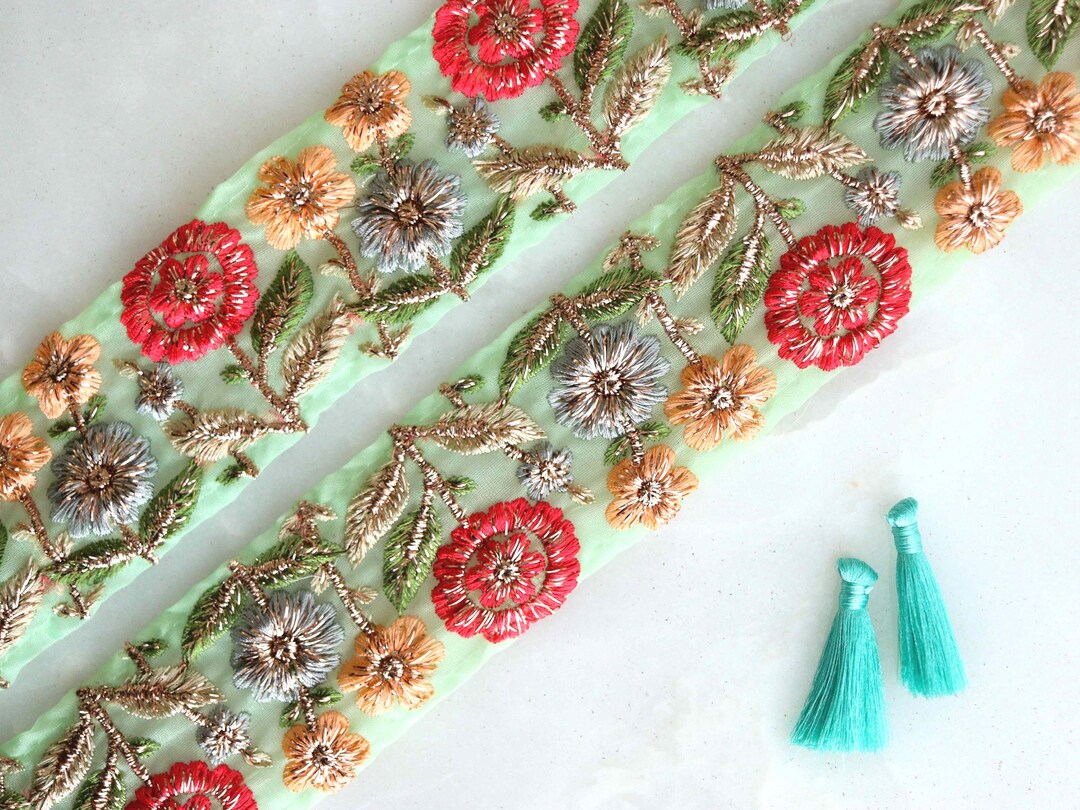Mint Red Floral Embroidered Trim, Green Tissue Lace, Indian Fabric Trim ...