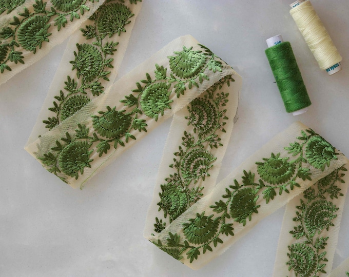 Green Floral Embroidered Net Trim,olive Green Floral Net Border,green ...