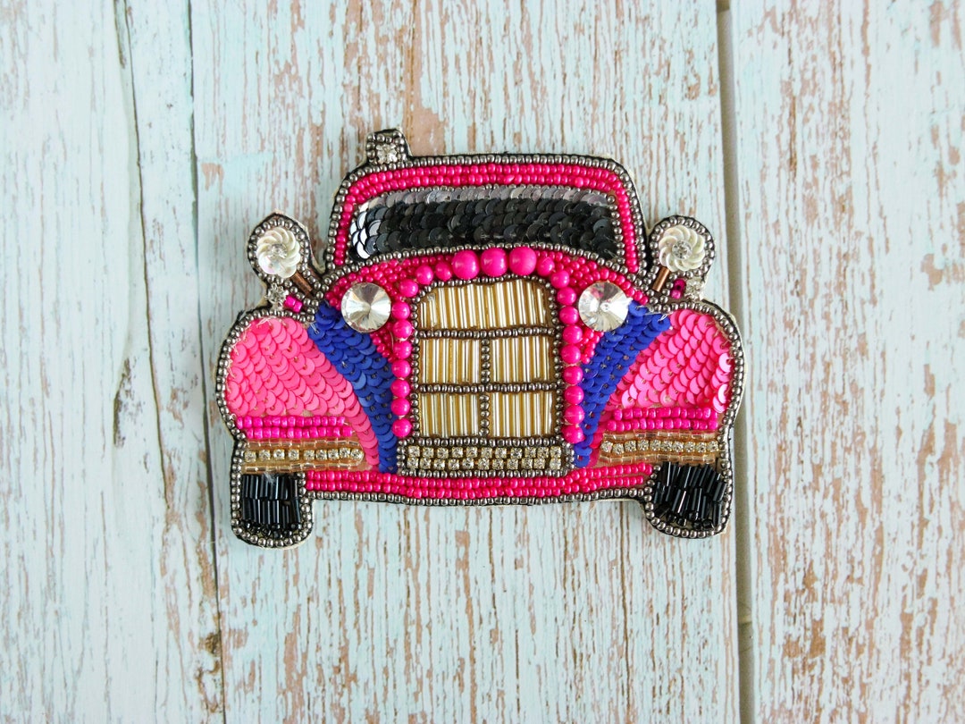 Pink Beaded Embroidered Car Patch,handmade Pink Buggy Applique, Boho ...