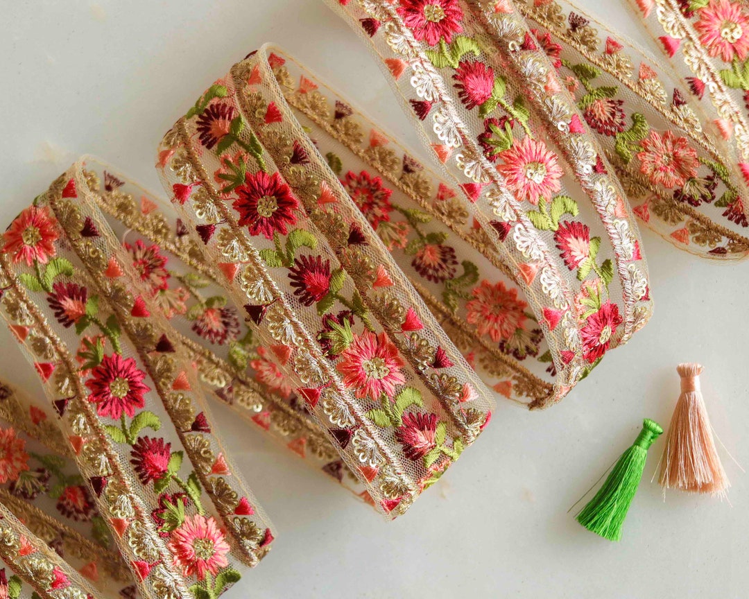 Peach Pink Floral Embroidered Trim,sequin Floral Border,yellow Red ...