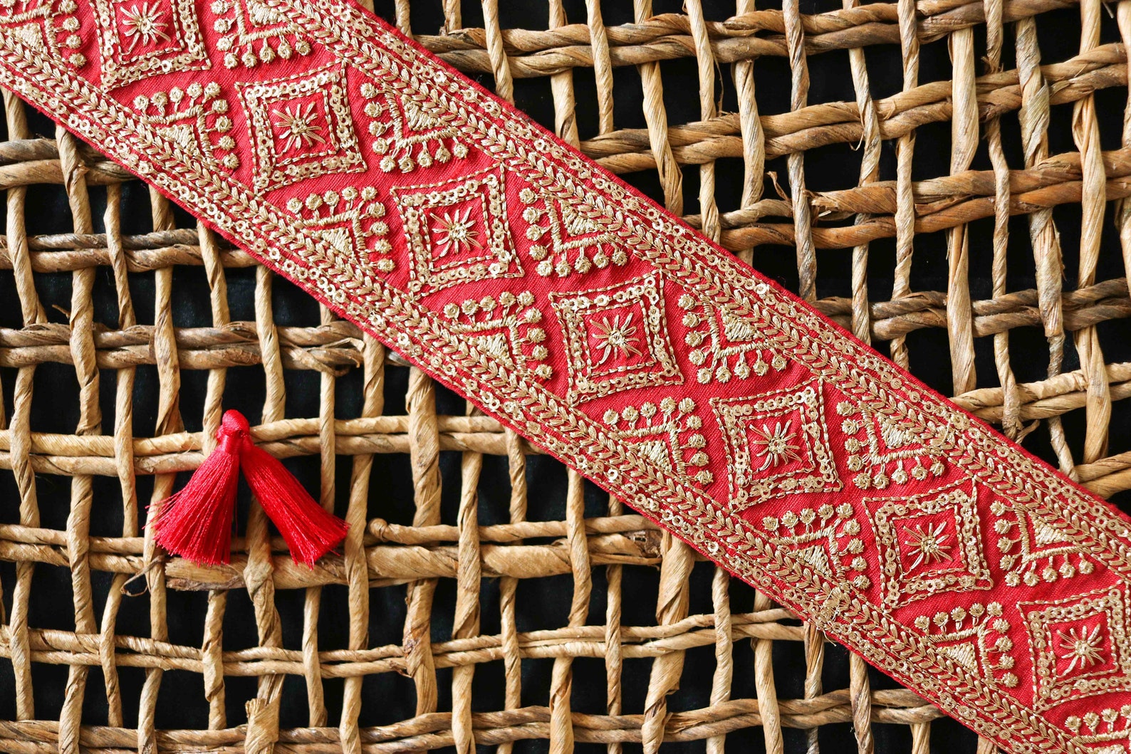 Red Gold Floral Embroidered TrimSquare Embroidered Floral | Etsy