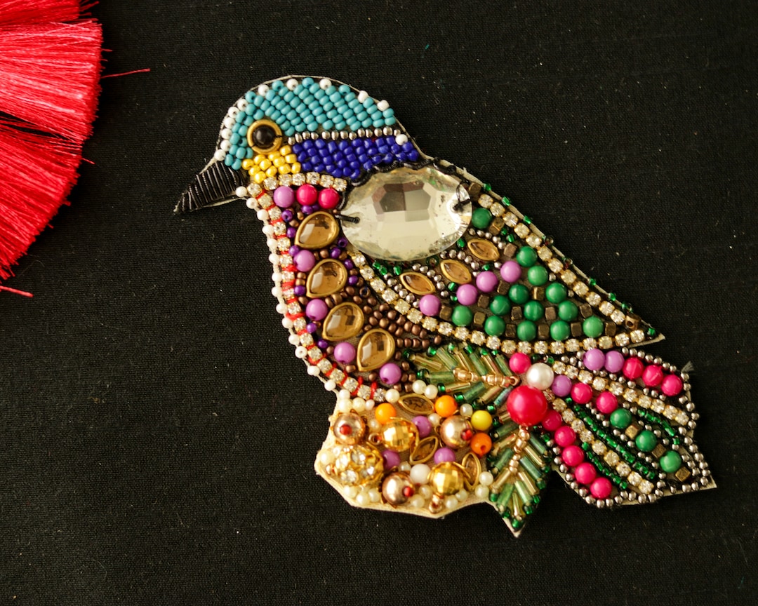 Multicolour Sparrow Beaded Embroidered Patch,handmade Beaded Applique ...