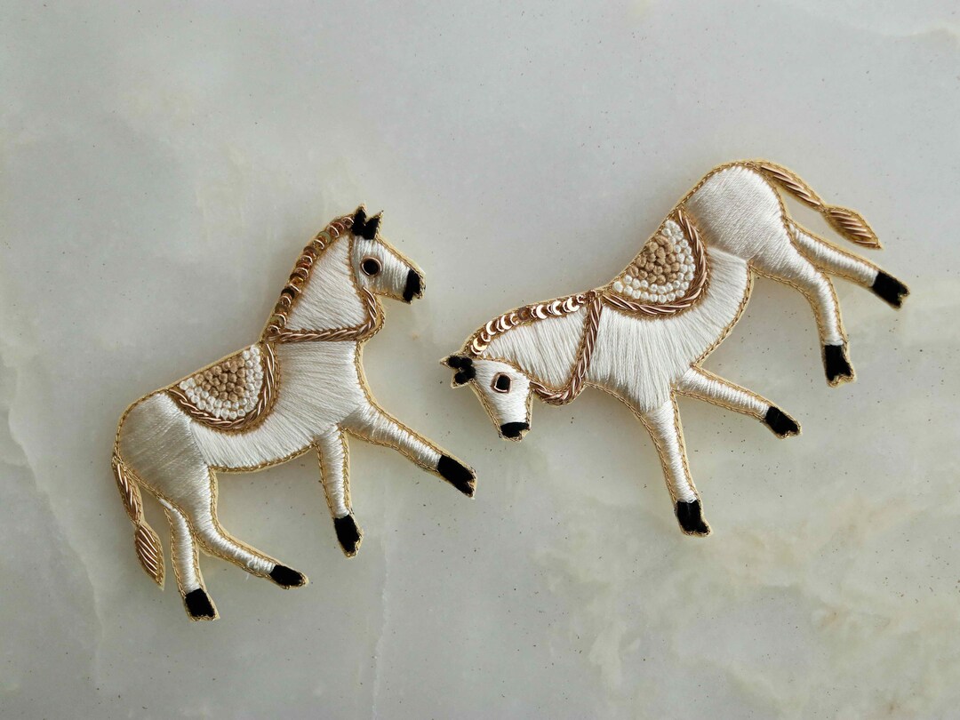 White Gold Embroidered Horse Patch,handmade Embroidered Applique, White ...
