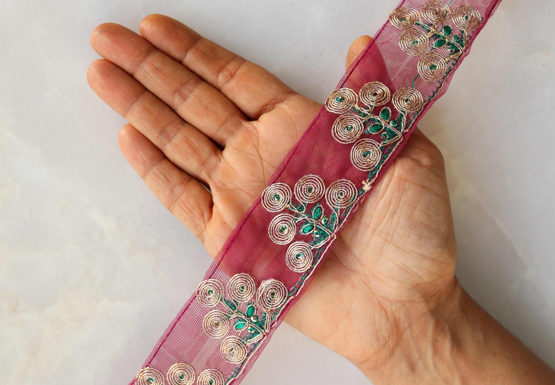Pink Gold Floral Embroidered Trim, Pink Tissue Floral Lace, Indian ...