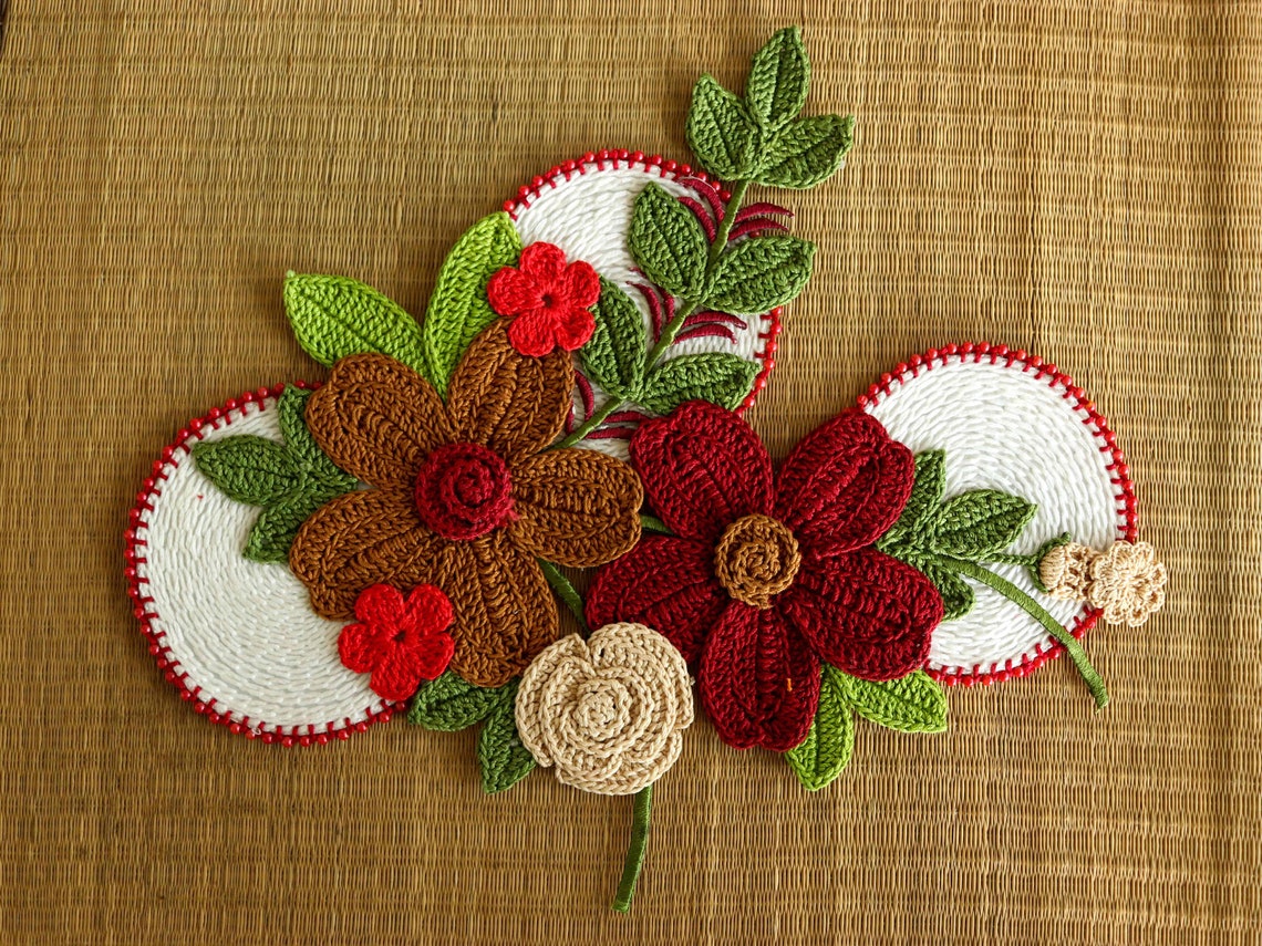Large Red White Floral Patch, Handmade Crochet Embroidered Applique - Etsy