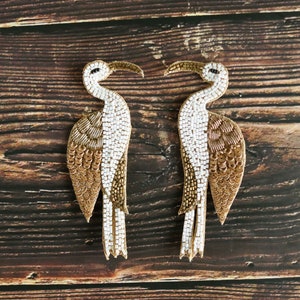 White Gold Stork Embroidered Patch,handmade Bird Sequin Applique ...